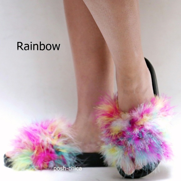 Shoes | New Rainbow Feather Slip On Slides Flat Sandals | Poshmark